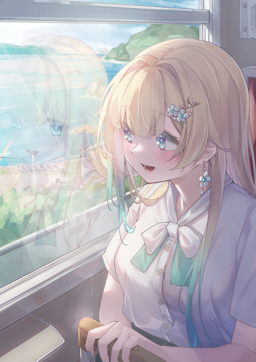 Safebooru - 1girl absurdres aizawa ema beach blonde hair blue eyes blunt bangs blush earrings ...