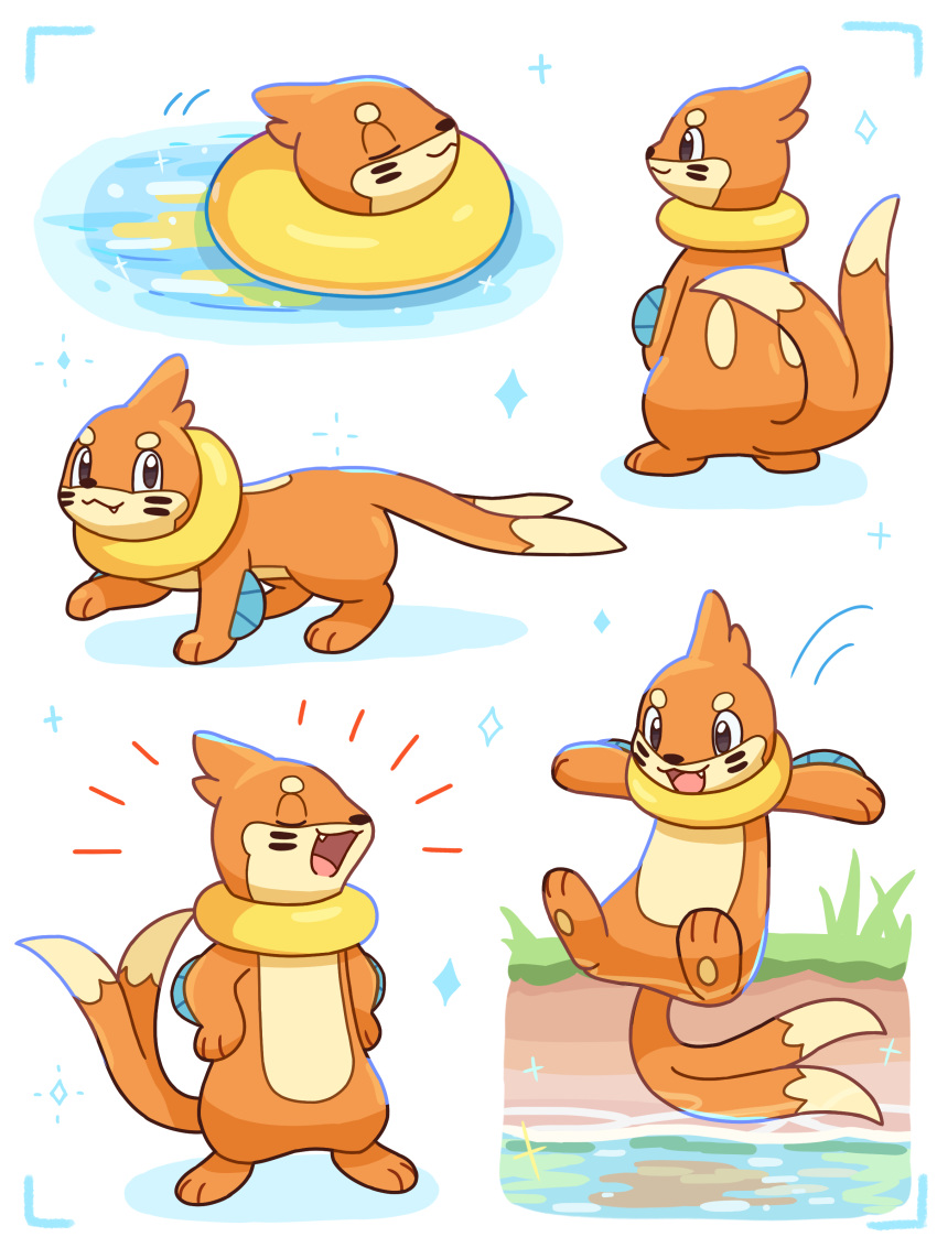 Safebooru - absurdres bright pupils brown eyes buizel fang fins forked tail full body grass ...