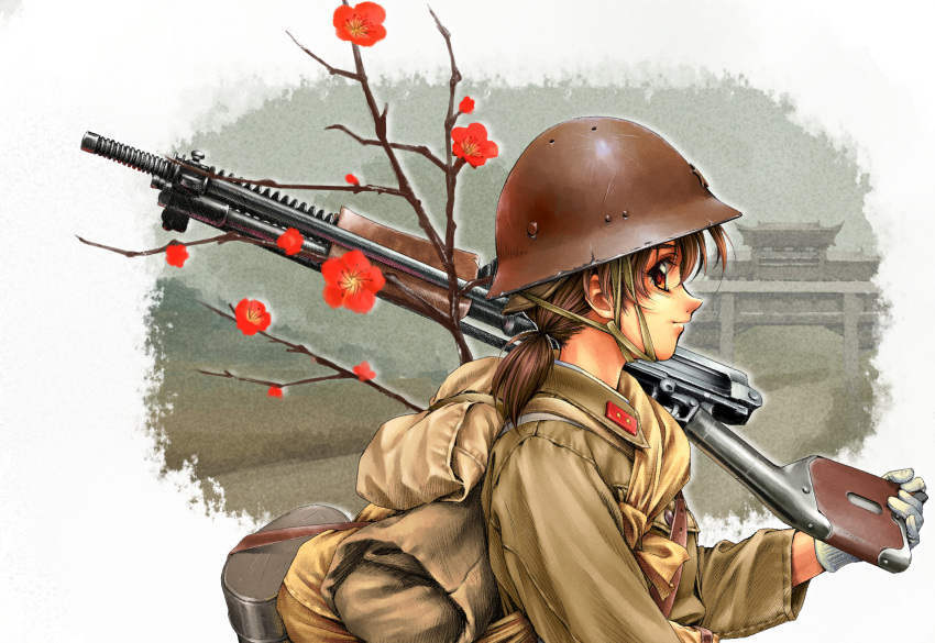 Safebooru - 1girl bag branch brown hair brown jacket collar tabs combat ...