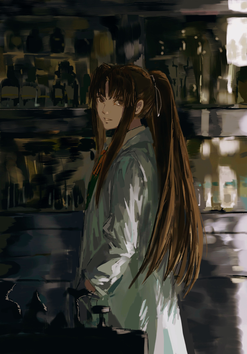 Safebooru - 1girl ashashio bottle brown eyes brown hair character request check character cowboy ...