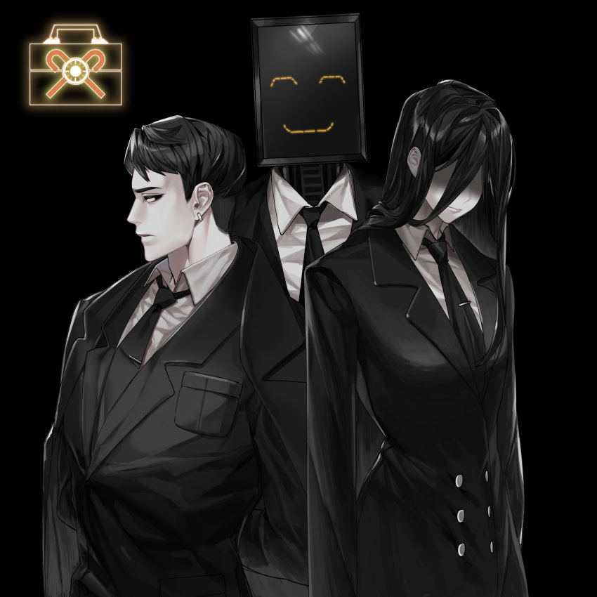 Safebooru - 1girl 2boys ^ ^ bada (project moon) black coat black hair ...