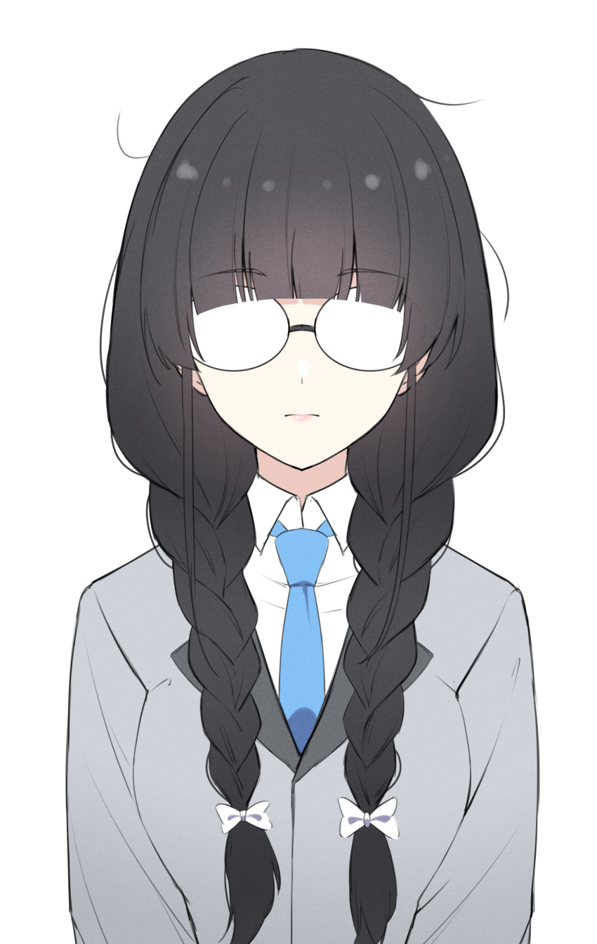 Safebooru - 1girl absurdres black hair blazer blue necktie blunt bangs bow braid breasts closed ...