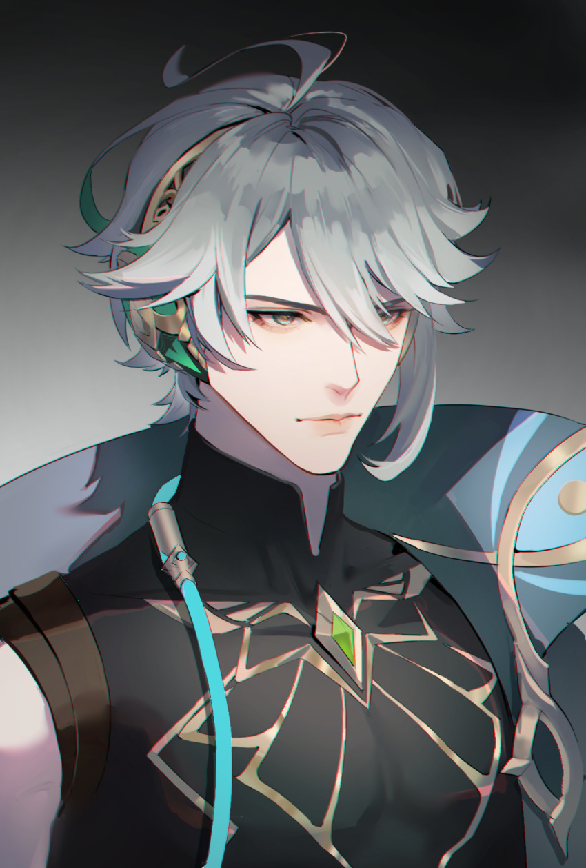 Safebooru - 1boy ahoge alhaitham (genshin impact) black shirt blue cape blue eyes cape chest ...