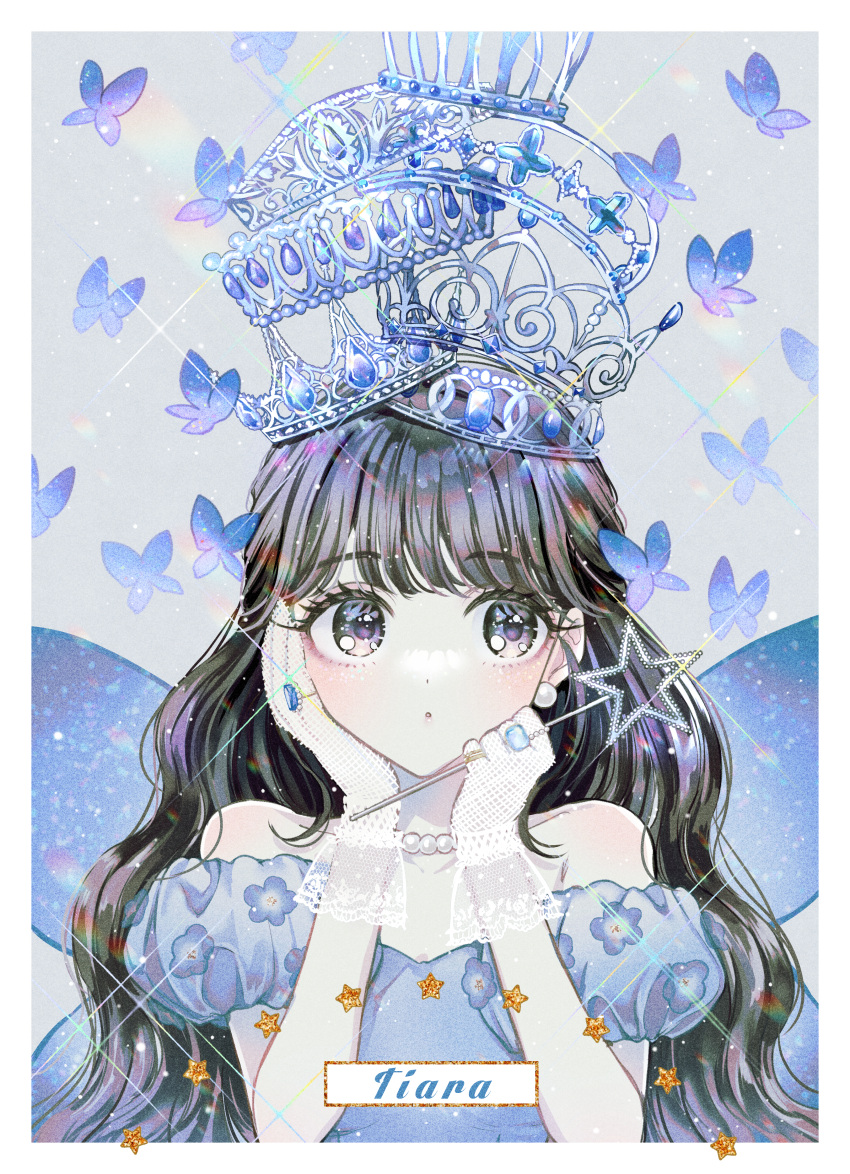 Safebooru - 1girl :o absurdres bare shoulders black eyes black hair blue butterfly blue dress ...