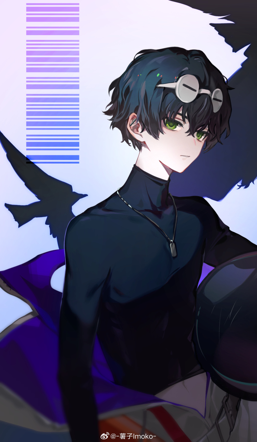 Safebooru - 1boy absurdres barcode bird black hair black shirt chinese commentary closed mouth ...