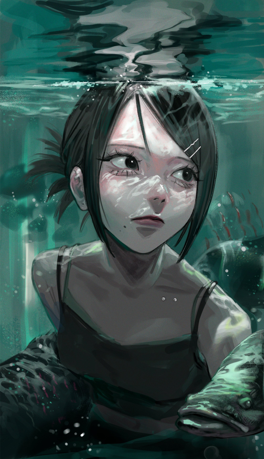 Safebooru - 1girl absurdres air bubble black eyes black hair bubble daikon (tomohiro158) english ...