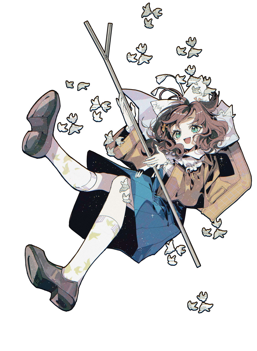 Safebooru - 1girl :d absurdres animal print bird bird print blue eyes blue skirt bow brown ...