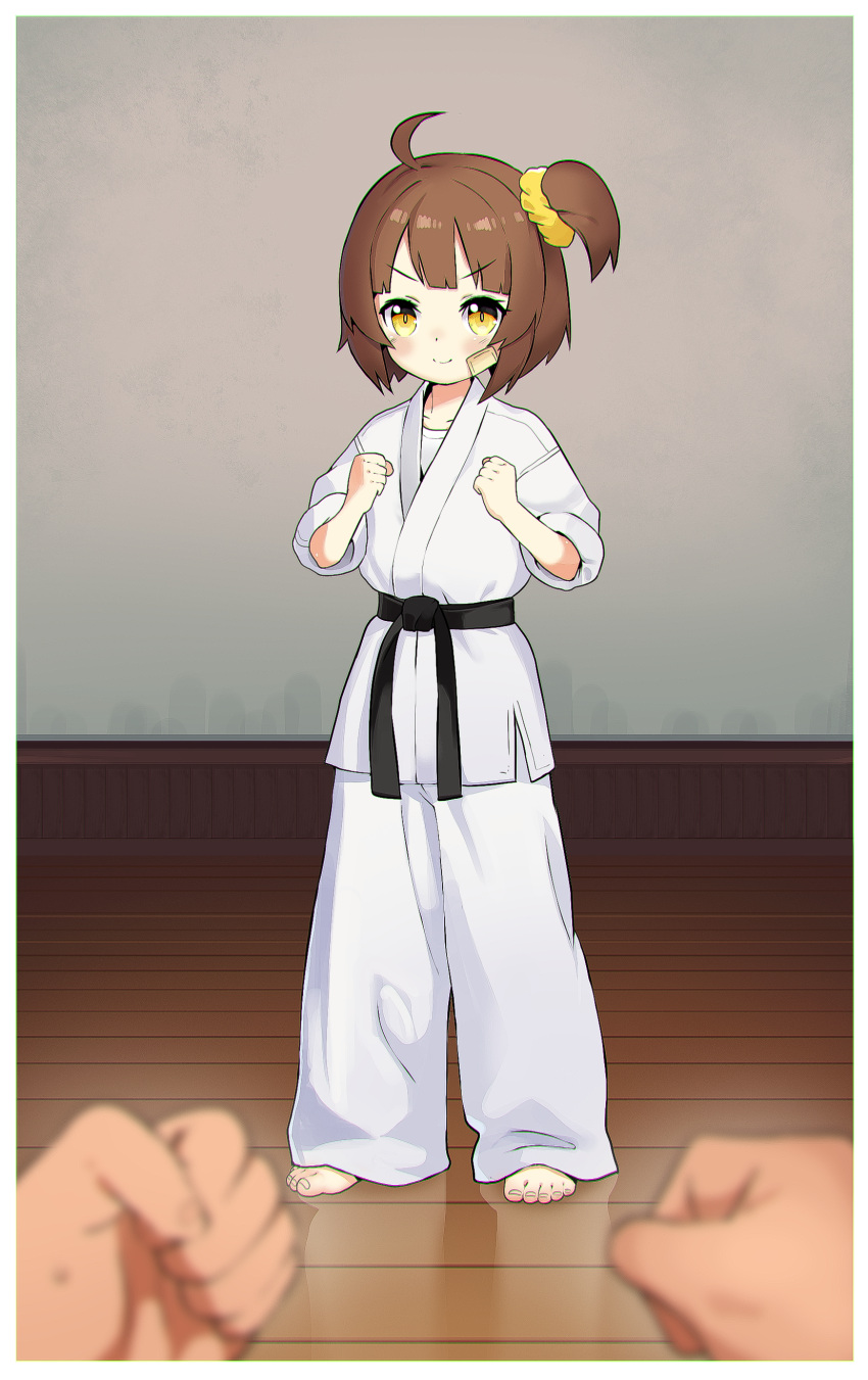 Safebooru - 1girl 1other absurdres ahoge arms up barefoot belt black belt blurry blurry ...