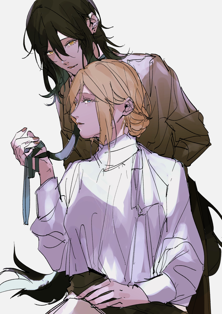 Safebooru - 2girls absurdres black hair blonde hair blue eyes commentary request grey shirt hair ...