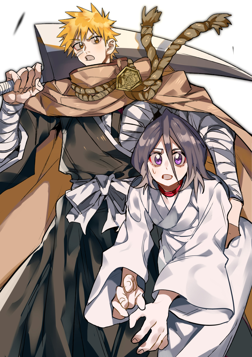 Safebooru - 1boy 1girl absurdres bandage on face bandaged arm bandages black hair black kimono ...