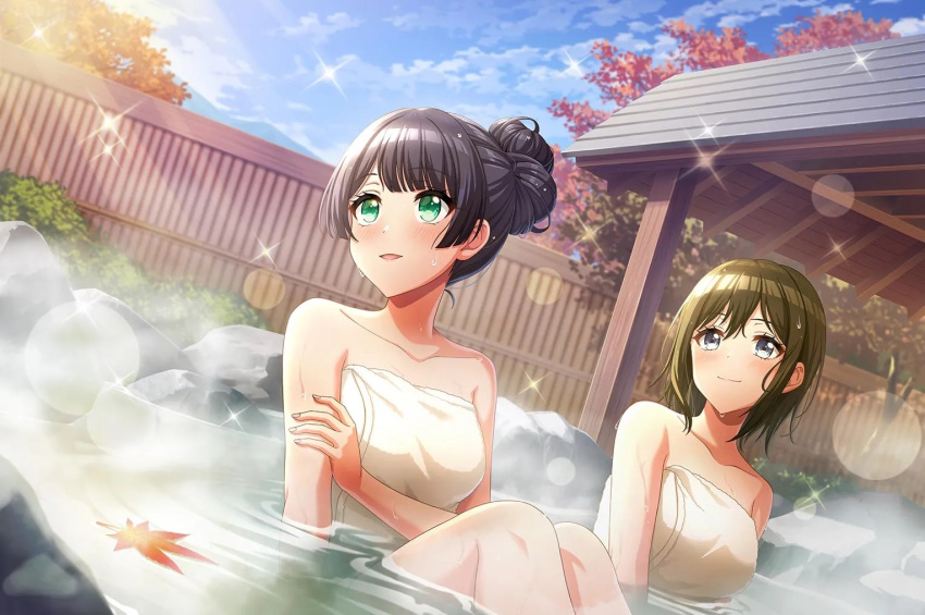 Safebooru - d4dj green eyes long hair onsen purple hair smile togetsu rei towel wink | 5359434