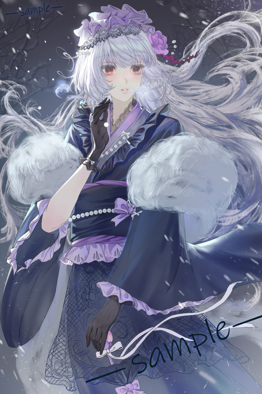 Safebooru - 1girl absurdres black gloves blue kimono cigarette closed ...