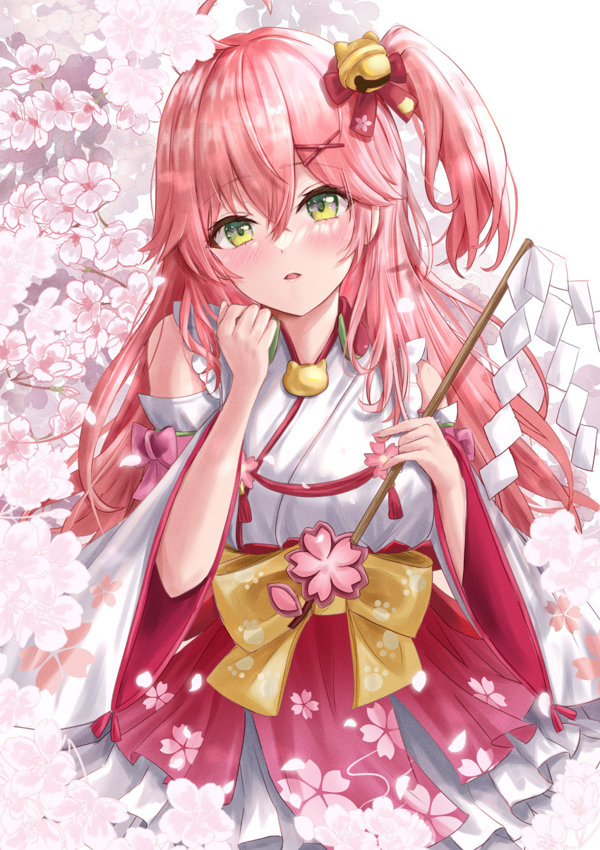Safebooru - 1girl absurdres ahoge bell blush bow breasts cherry blossom ...