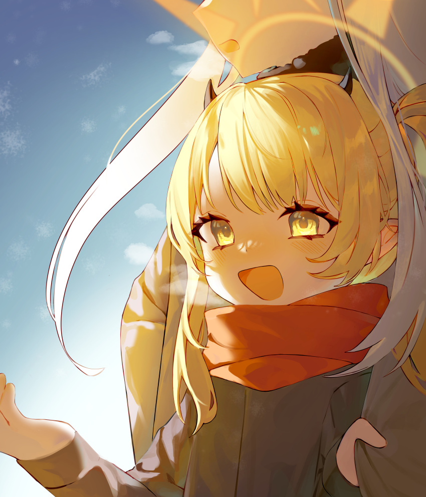 Safebooru - 1girl :d absurdres asymmetrical hair black horns blonde hair blue archive commentary ...