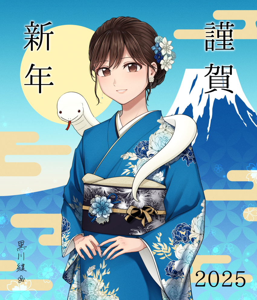 Safebooru - 1girl 2025 blue background blue kimono braid brown eyes ...
