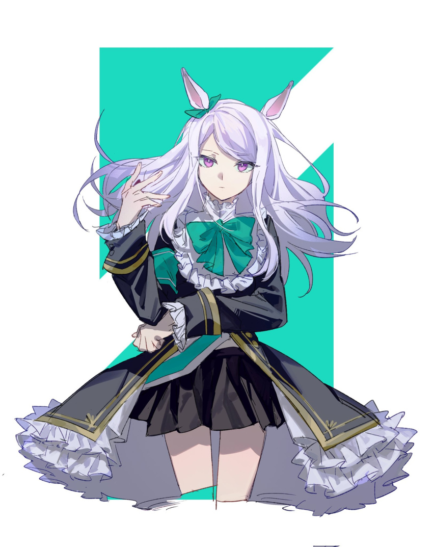 Safebooru - 1girl :| animal ears aqua armband aqua background aqua bow ...