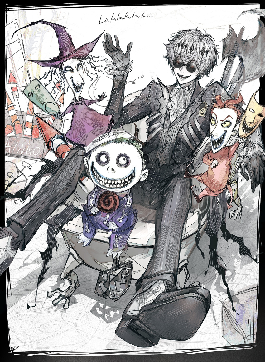 Safebooru - 1girl 3boys absurdres axe barrel (nbc) bathtub black coat ...