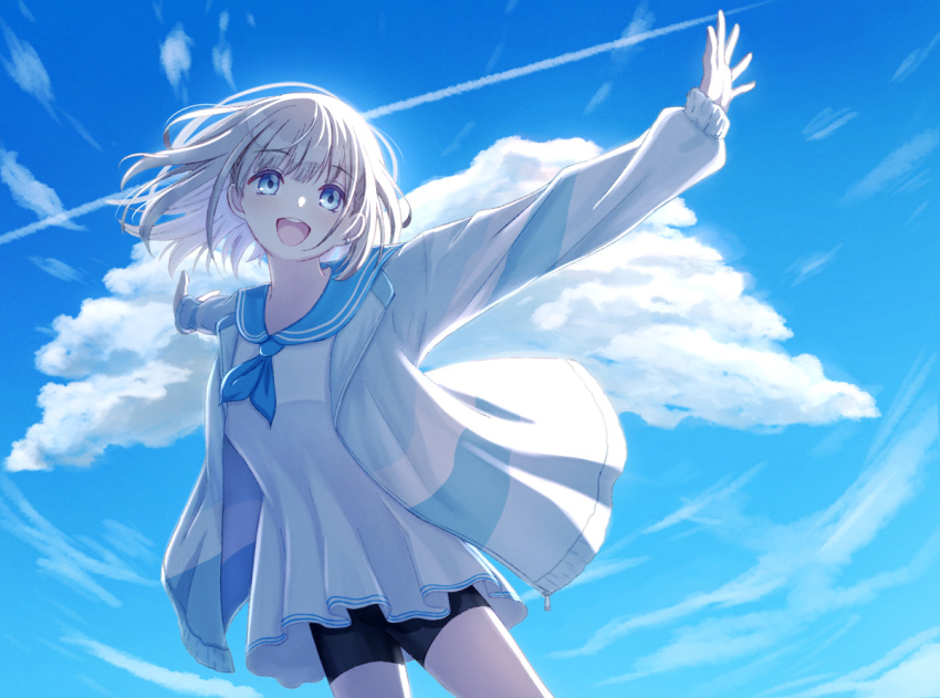 Safebooru - 1girl bike shorts black shorts blue eyes blue sailor collar blue sky clouds contrail ...