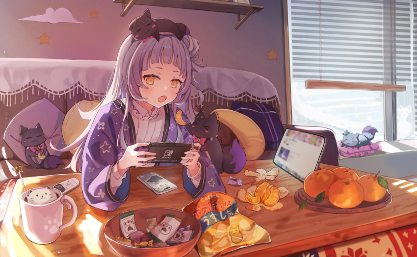 Safebooru - 1girl arched bangs blush breasts cat cellphone couch food ...