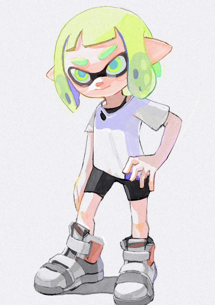 Safebooru - 1girl black shorts full body green eyes green hair hand on ...