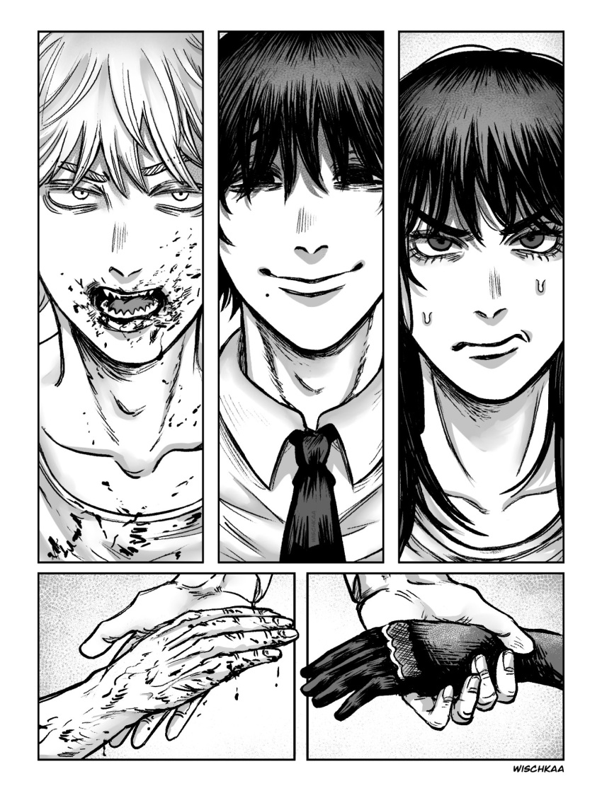 Safebooru - 1girl 2boys blood blood on face chainsaw man closed mouth ...