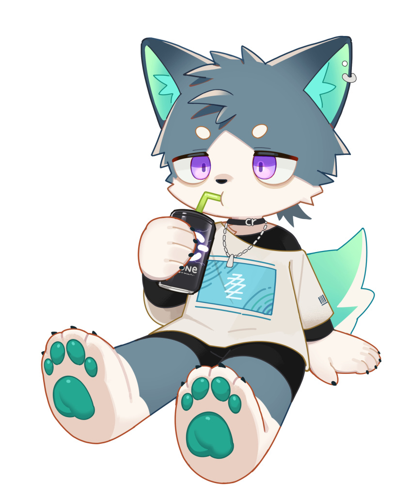 Safebooru - 1boy absurdres barefoot black shorts chibi drink furry ...