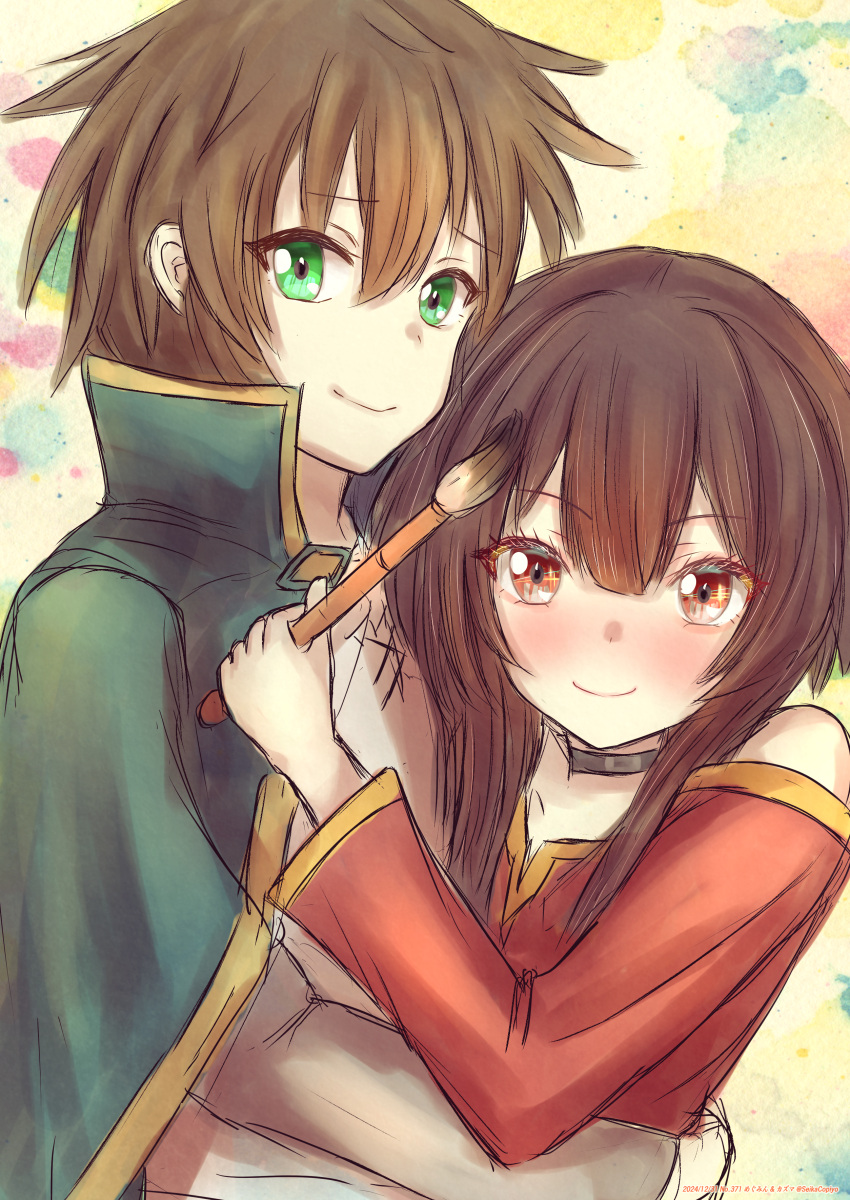 Safebooru - 1boy 1girl absurdres brown hair calligraphy brush collar ...