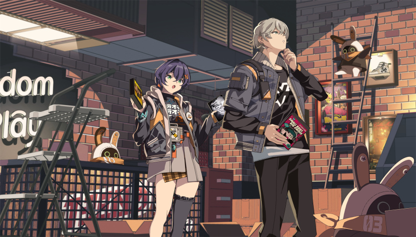 Safebooru - 1boy 1girl 1other belle (zenless zone zero) black jacket black shirt blue hair blush ...