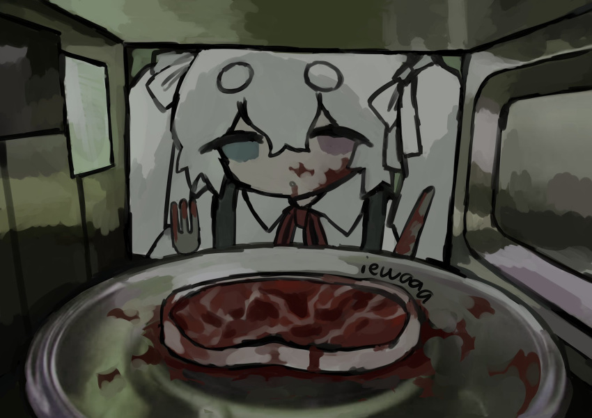 Safebooru - 1girl 25-ji miku artist name blood blood on face blue eyes food fork hair ribbon ...