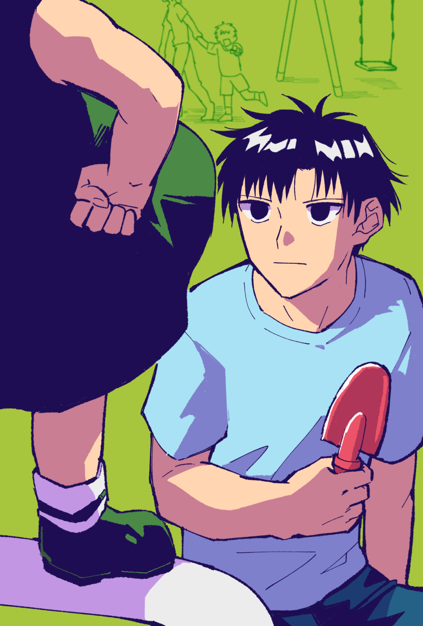 Safebooru - 2boys black hair blue shirt cloak cropped head gash bell ...