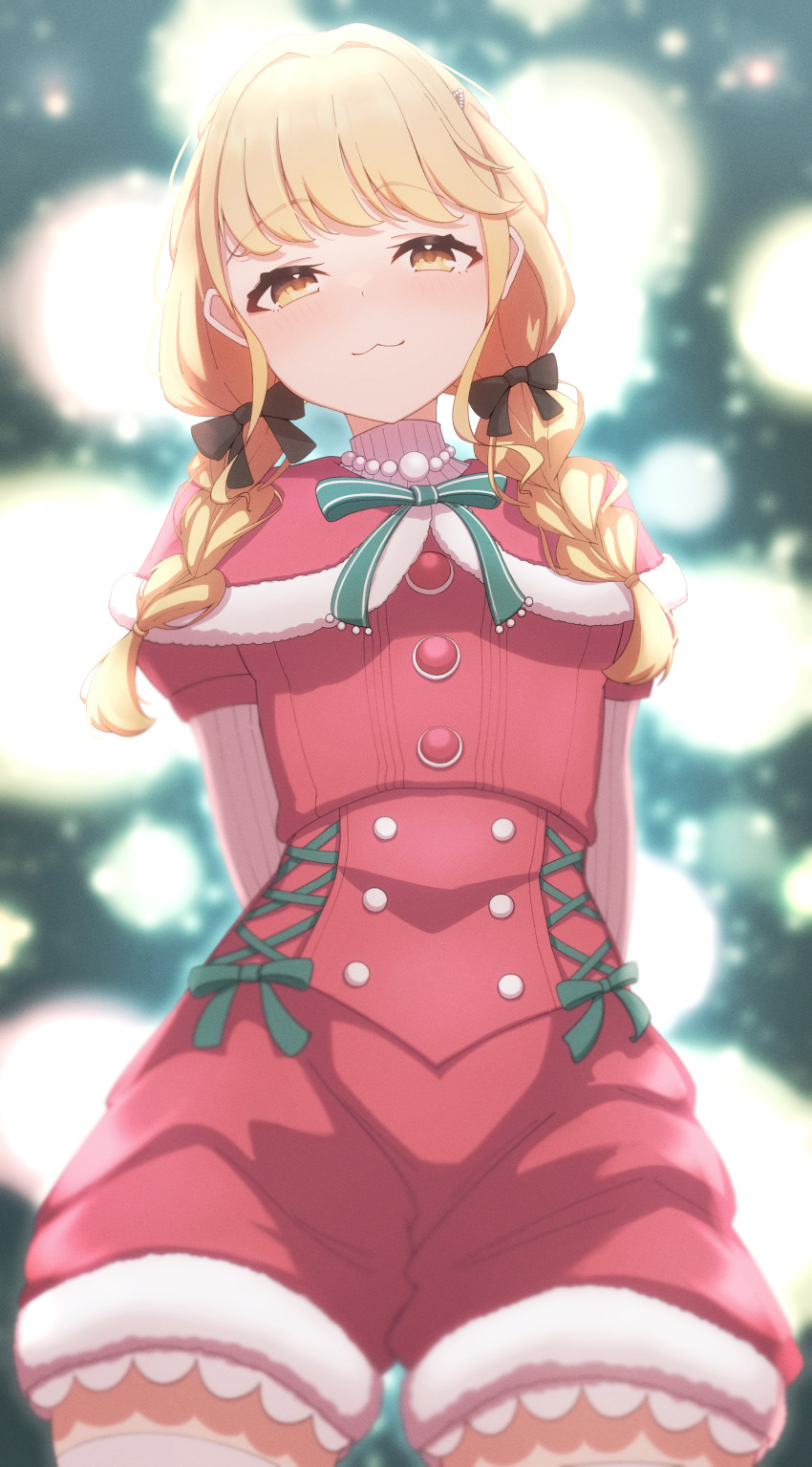 Safebooru - 1girl :3 absurdres alternate costume arms behind back black ribbon blonde hair braid ...