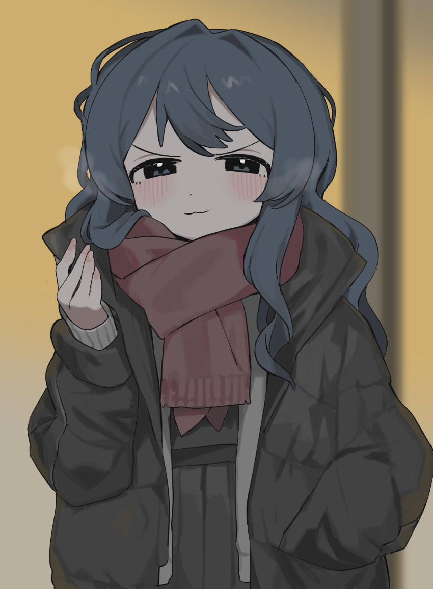 Safebooru - 1girl :3 absurdres black jacket black skirt blurry blurry background blush breath ...