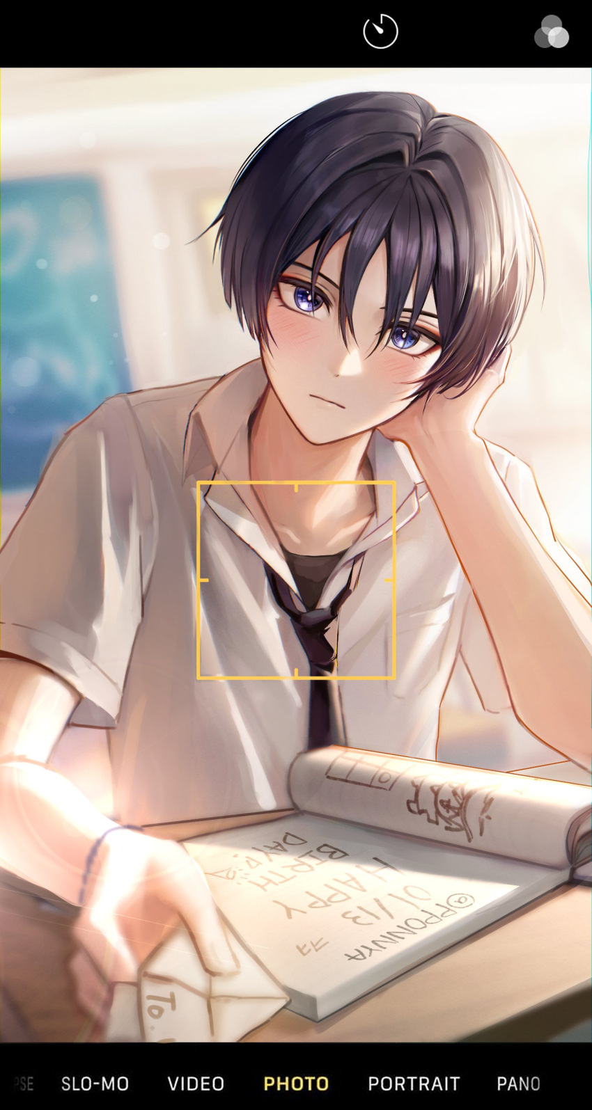 Safebooru - 1boy absurdres alternate costume bishounen black hair black necktie blue eyes book ...