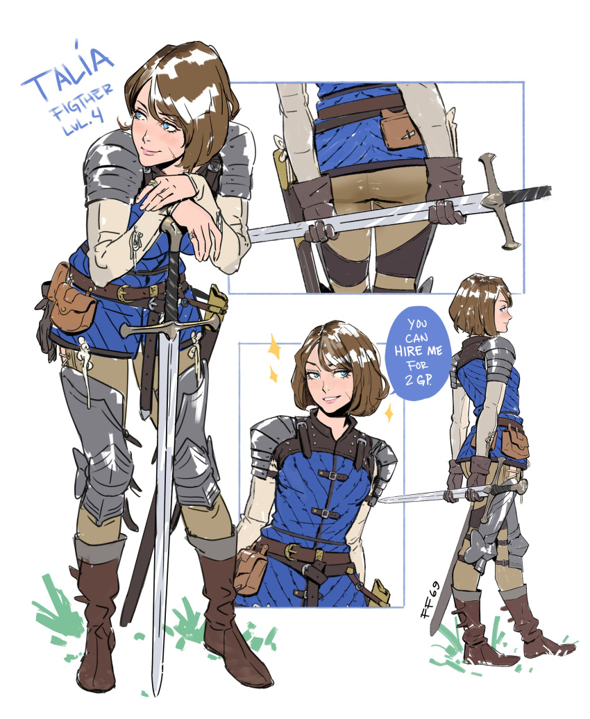 Safebooru - 1girl absurdres armor artist name belt pouch blue eyes boots brown hair dungeons ...
