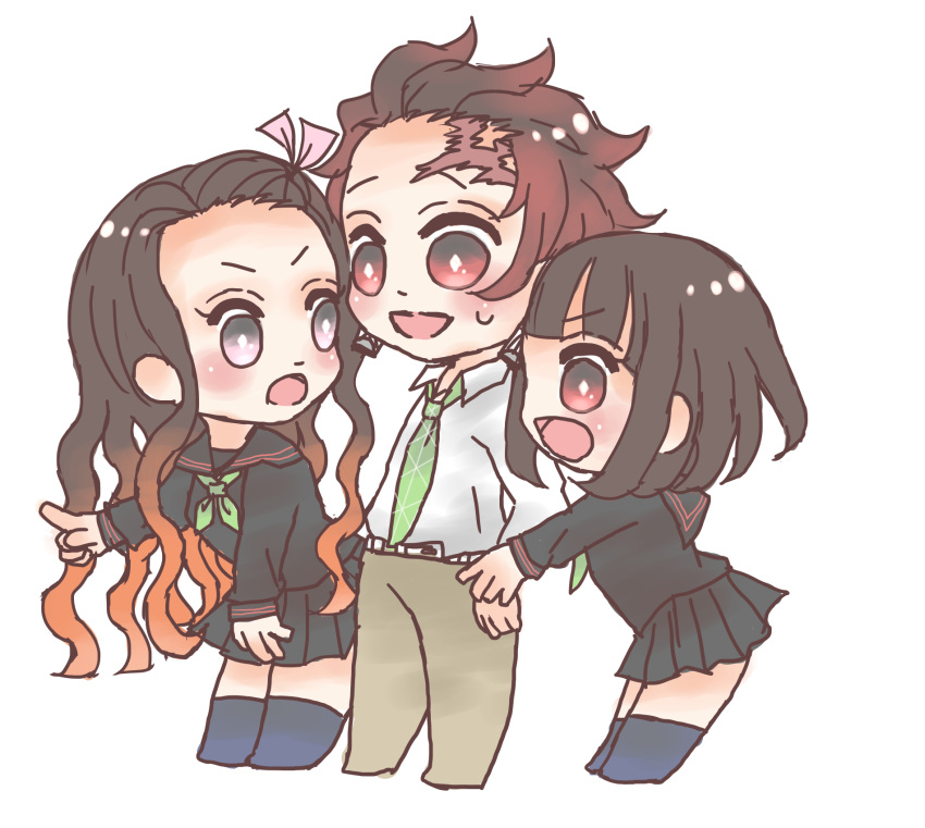 Safebooru - 1boy 2girls black hair brother and sister kamado hanako ...