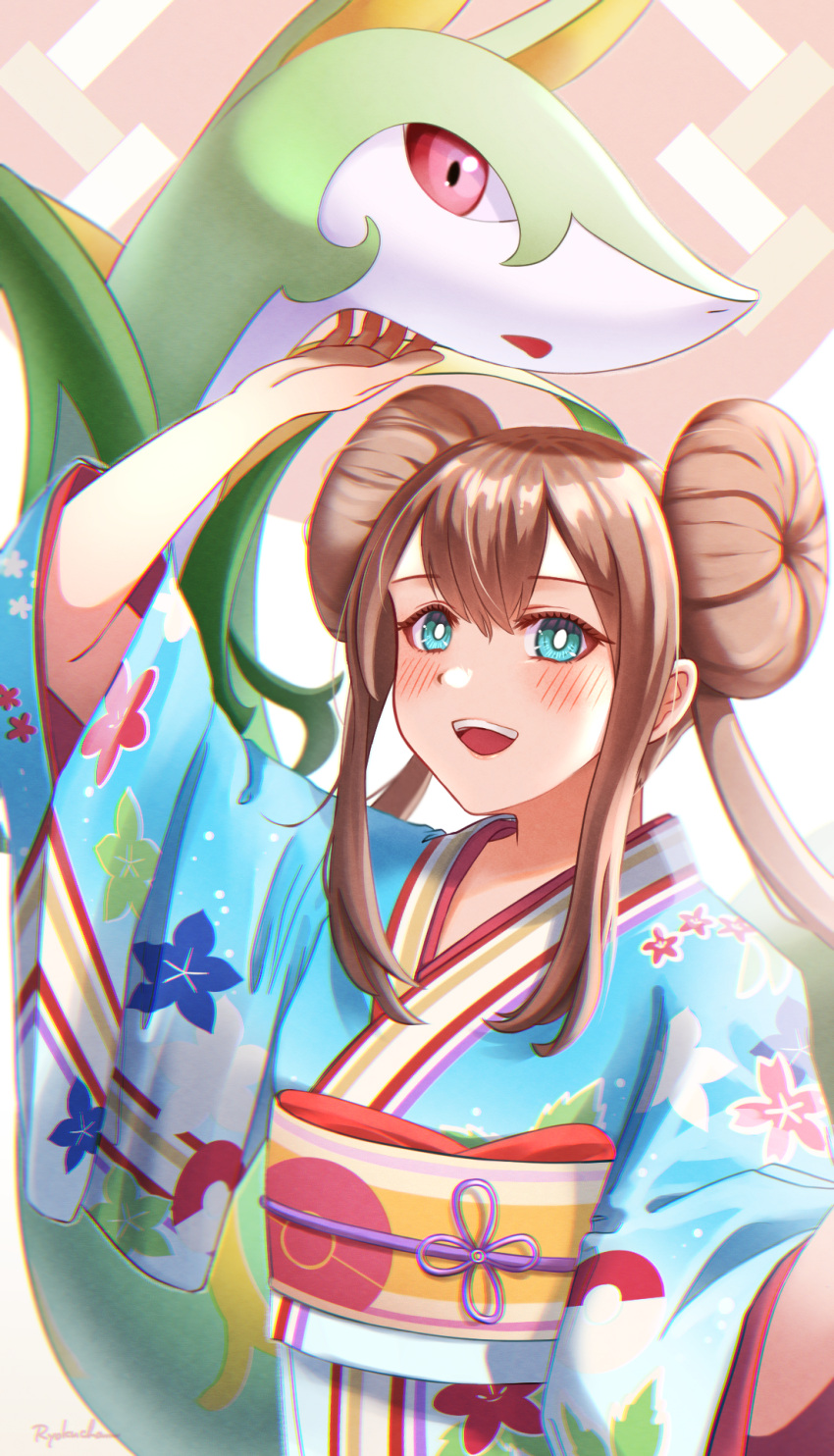 Safebooru - 1girl :d alternate costume aqua eyes arm up blue kimono blush bright pupils brown ...