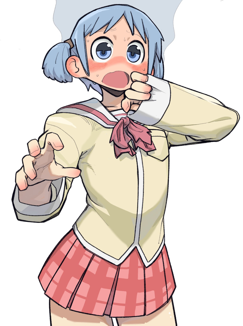 Safebooru - 1girl arms up blue eyes blue hair blush bone nigi cowboy shot ear blush head steam ...