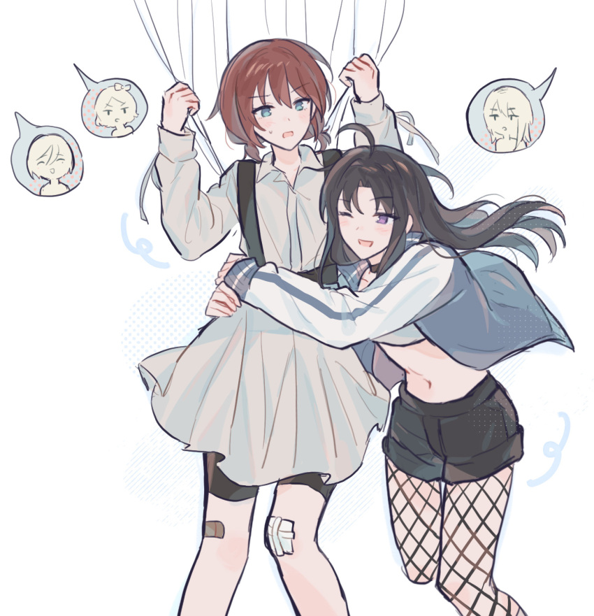 Safebooru - 2girls ahoge artist request awa subaru bandaid black choker black hair black shorts ...