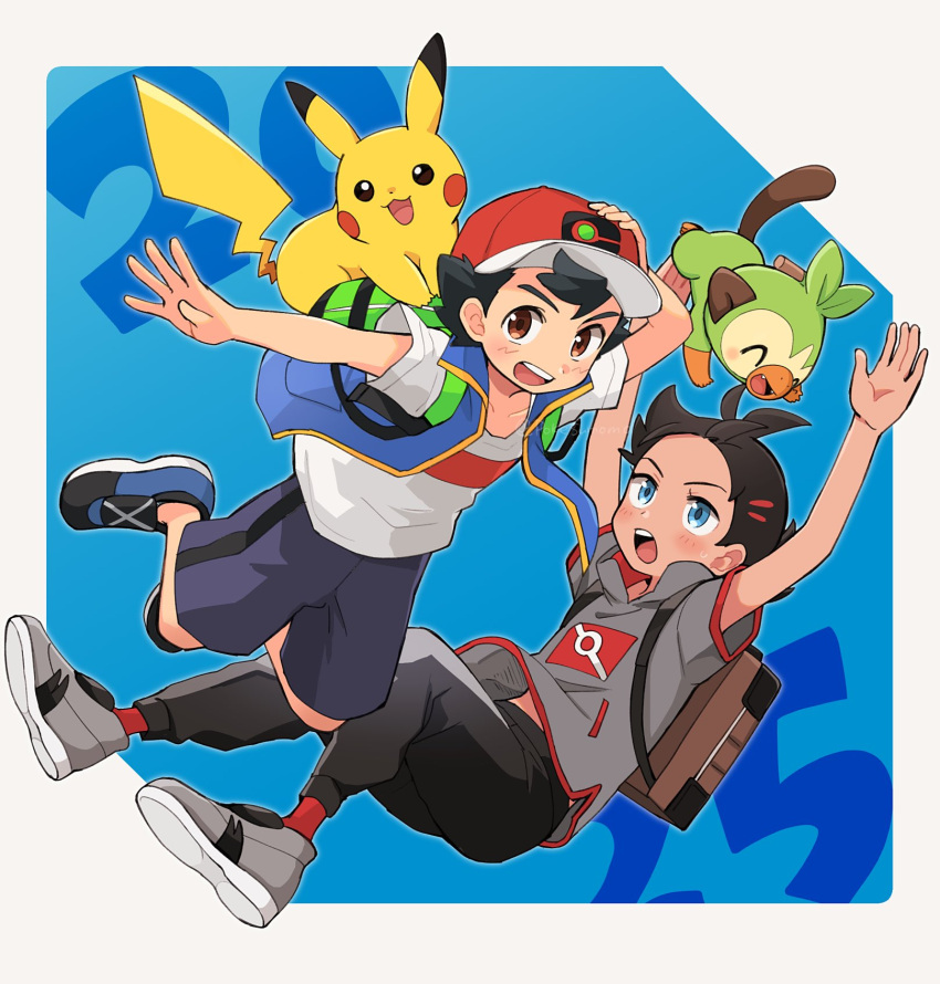 Safebooru - 2boys :d arms up ash ketchum backpack bag black hair black ...