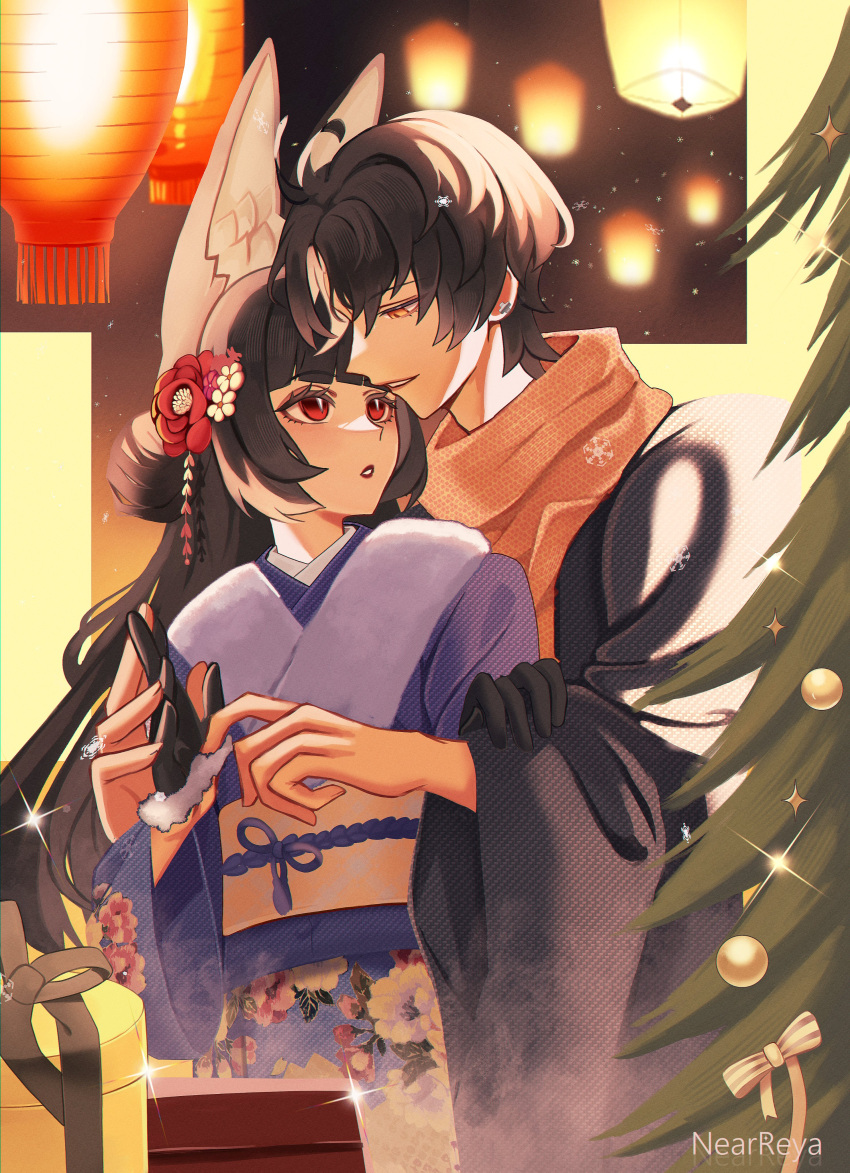 Safebooru - 1boy 1girl absurdres alternate costume animal ears asaba harumasa black gloves black ...