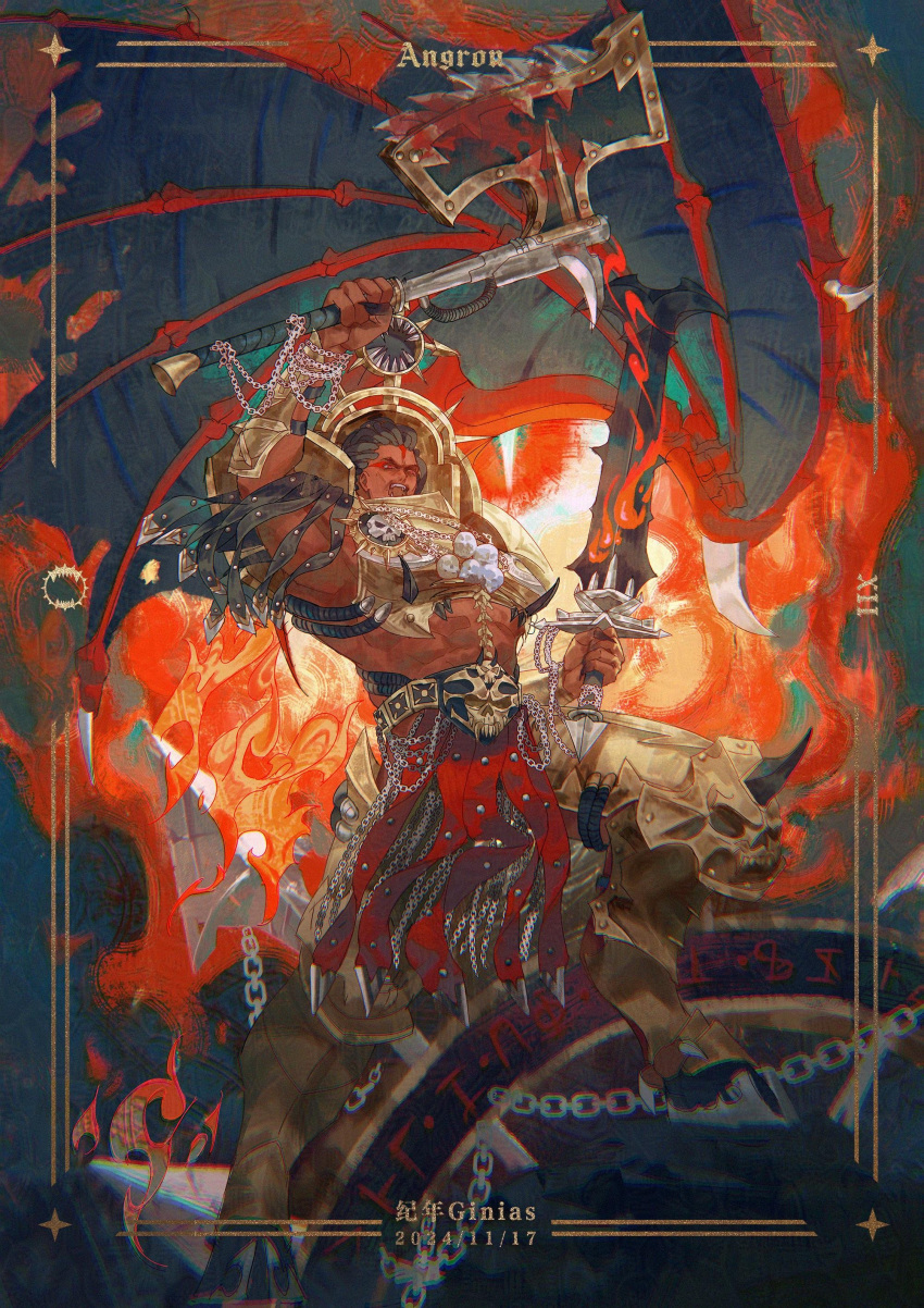 Safebooru - 1boy abs absurdres angron armor artist name axe blurry ...