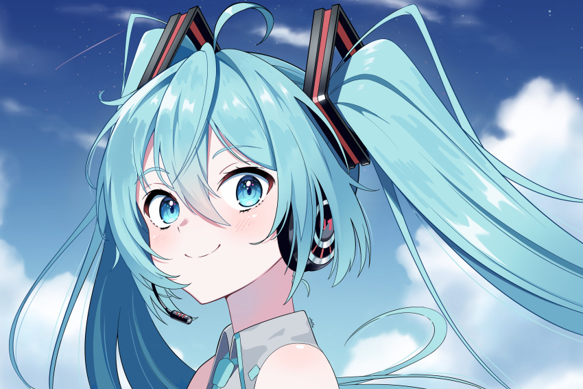 Safebooru - 1girl absurdres ahoge aqua eyes aqua hair bare shoulders closed mouth clouds cloudy ...