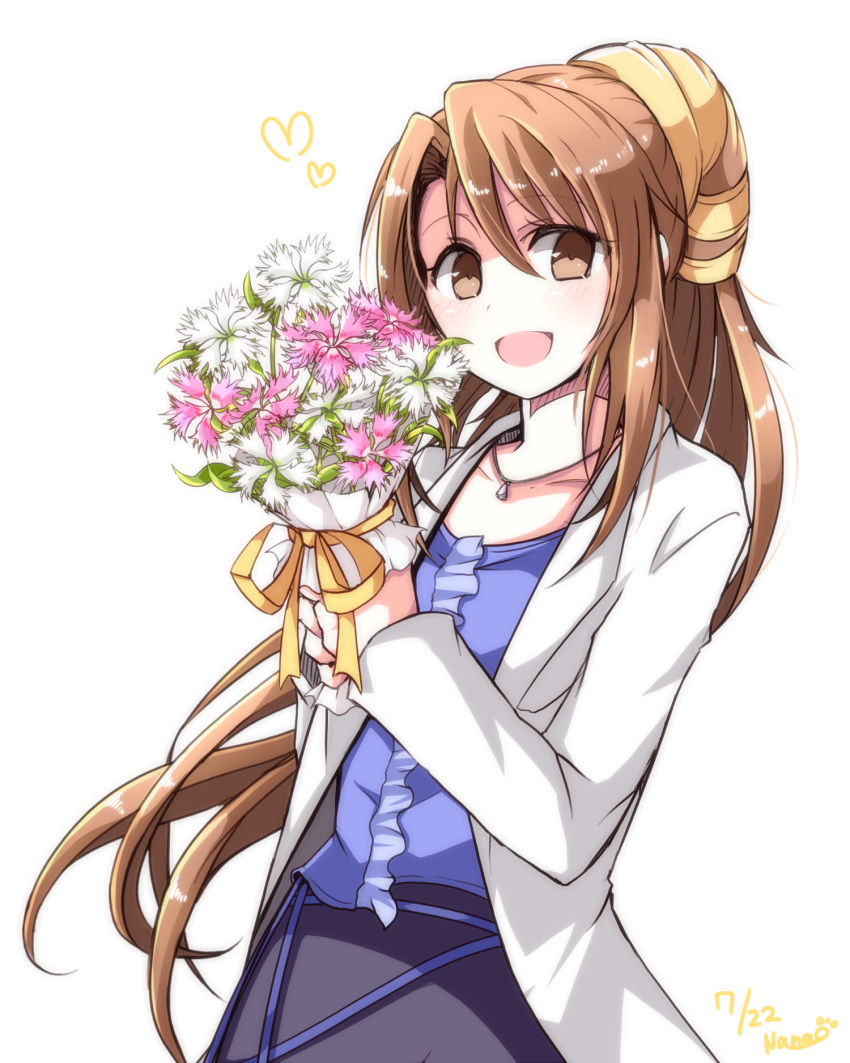 Safebooru - 1girl black skirt blue shirt blush bouquet brown eyes brown ...