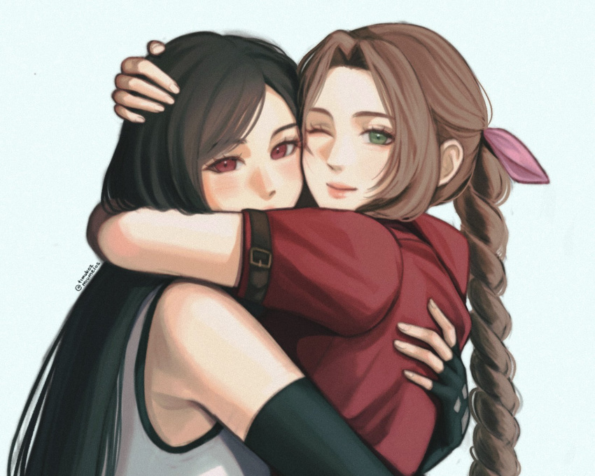 Safebooru - 2girls ;) aerith gainsborough black gloves black hair braid braided ponytail brown ...