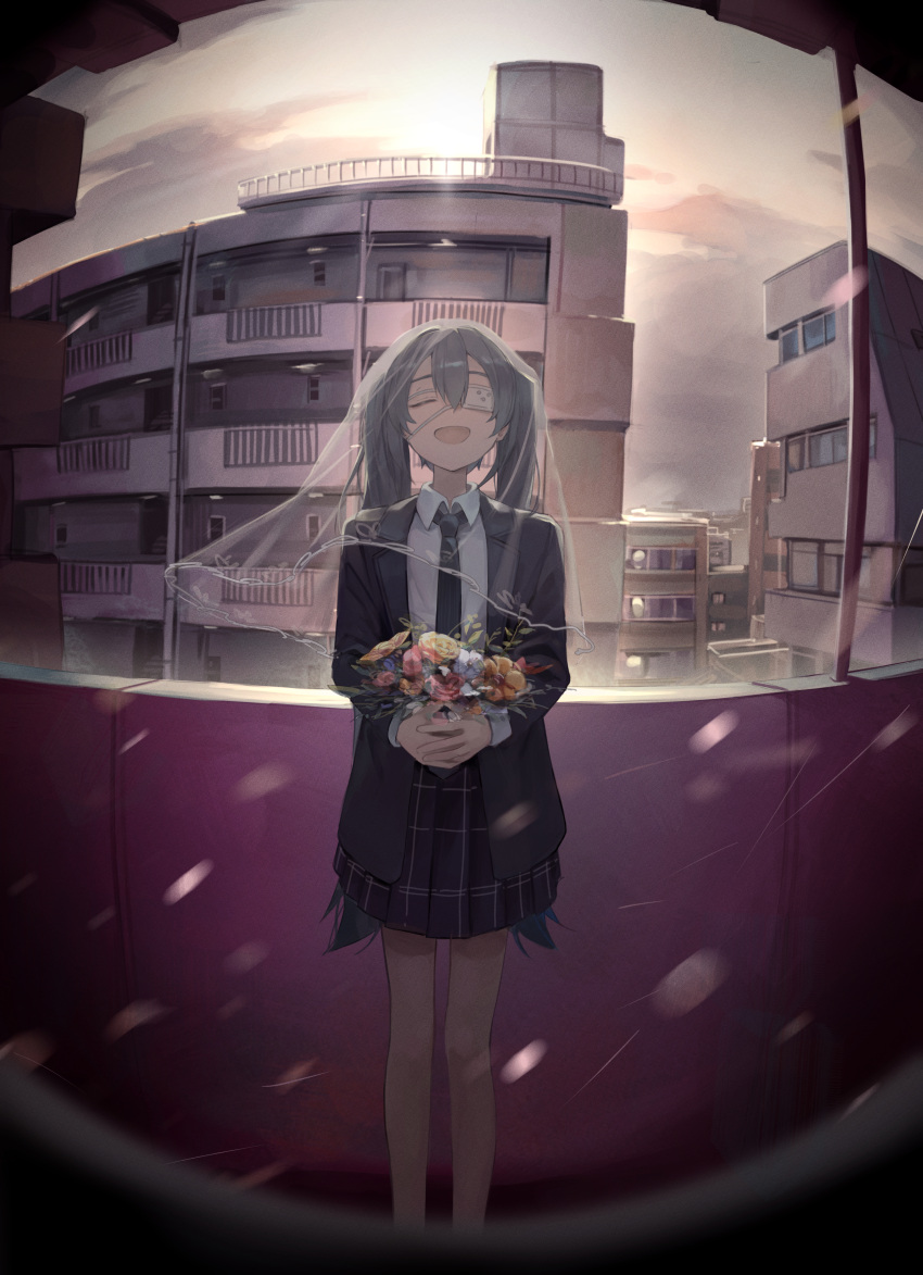 Safebooru - 1girl absurdres black jacket black necktie black skirt blue hair bouquet bridal veil ...