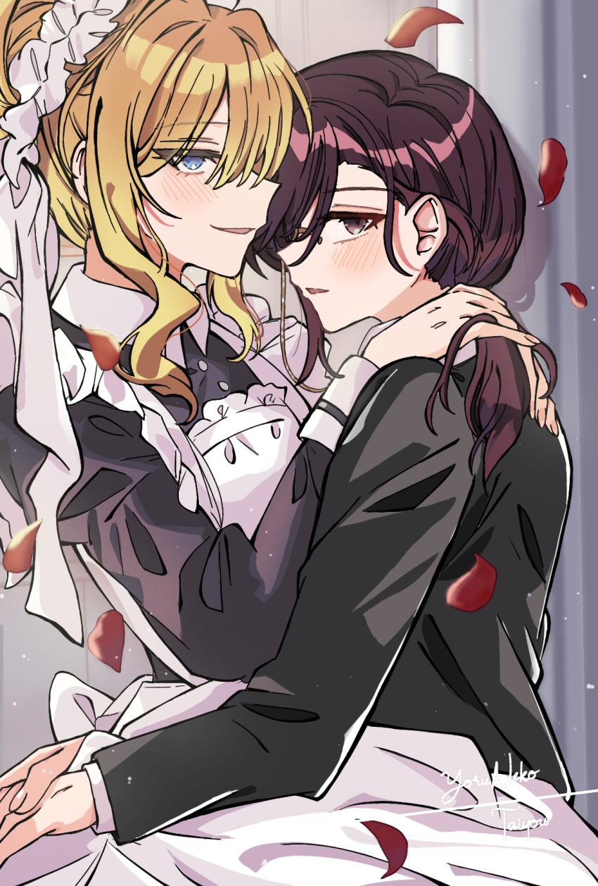 Safebooru - 2girls apron arm around waist black dress black jacket ...