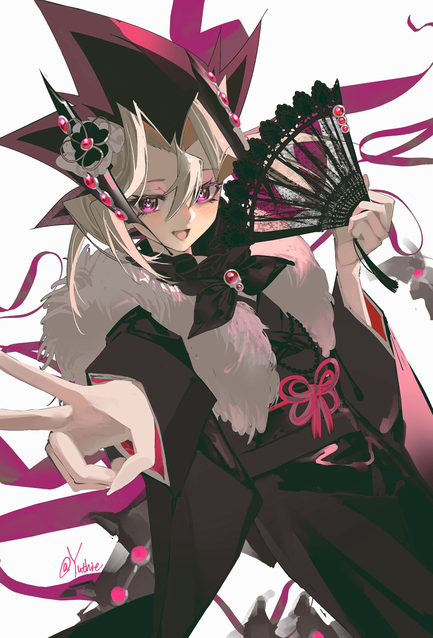 Safebooru - absurdres black hair black kimono blonde hair cowboy shot hand fan highres holding ...