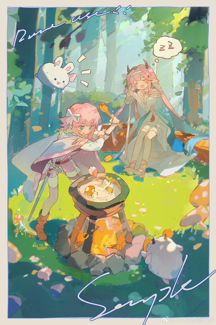 Safebooru - 2girls :d absurdres bare shoulders barefoot belt belt buckle black belt black horns ...