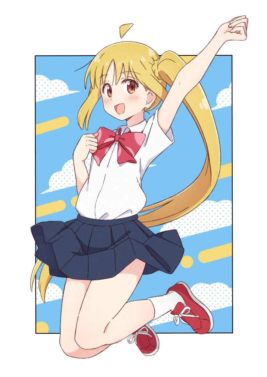 Safebooru - 1girl :d absurdres ahoge ankle socks arm up blonde hair blue skirt blue sky blush ...