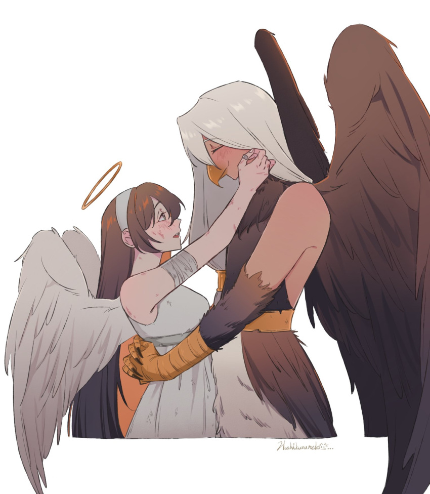 Safebooru - 2girls angel angel wings beak belt bird blush brown dress brown eyes brown hair ...